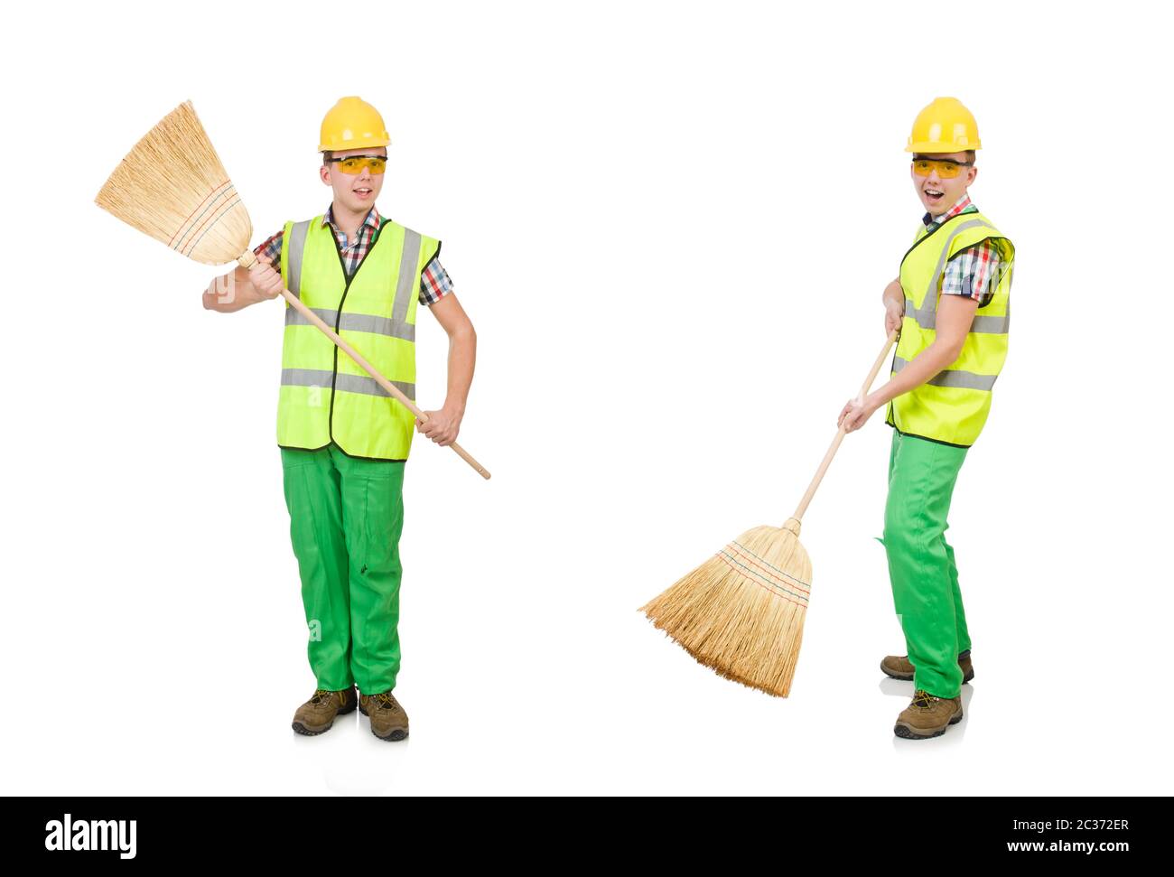 Funny janitor with broom isolated on white Stock Photo - Alamy