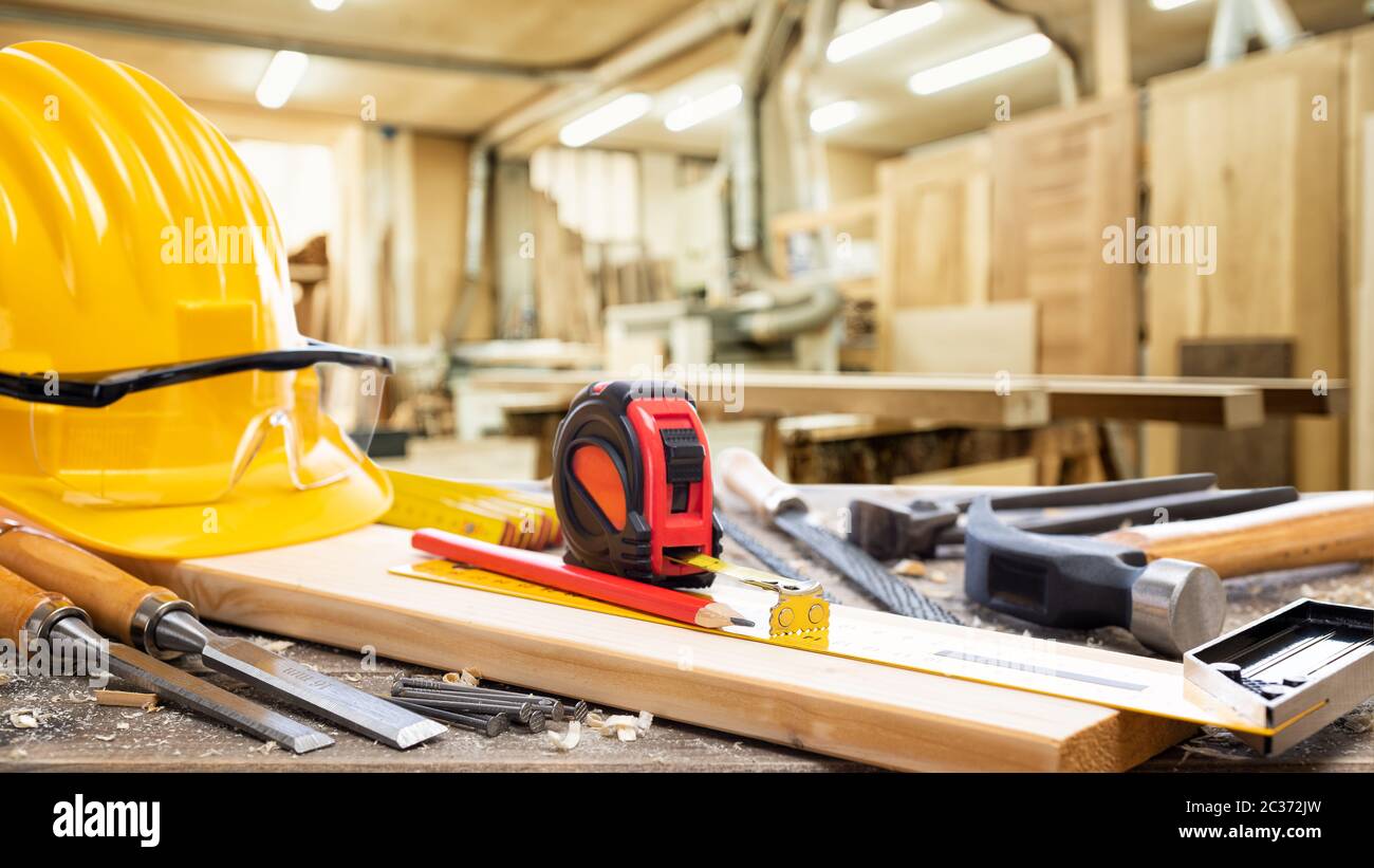 Close-up. Carpenter's workbench with tools for woodworking ...
