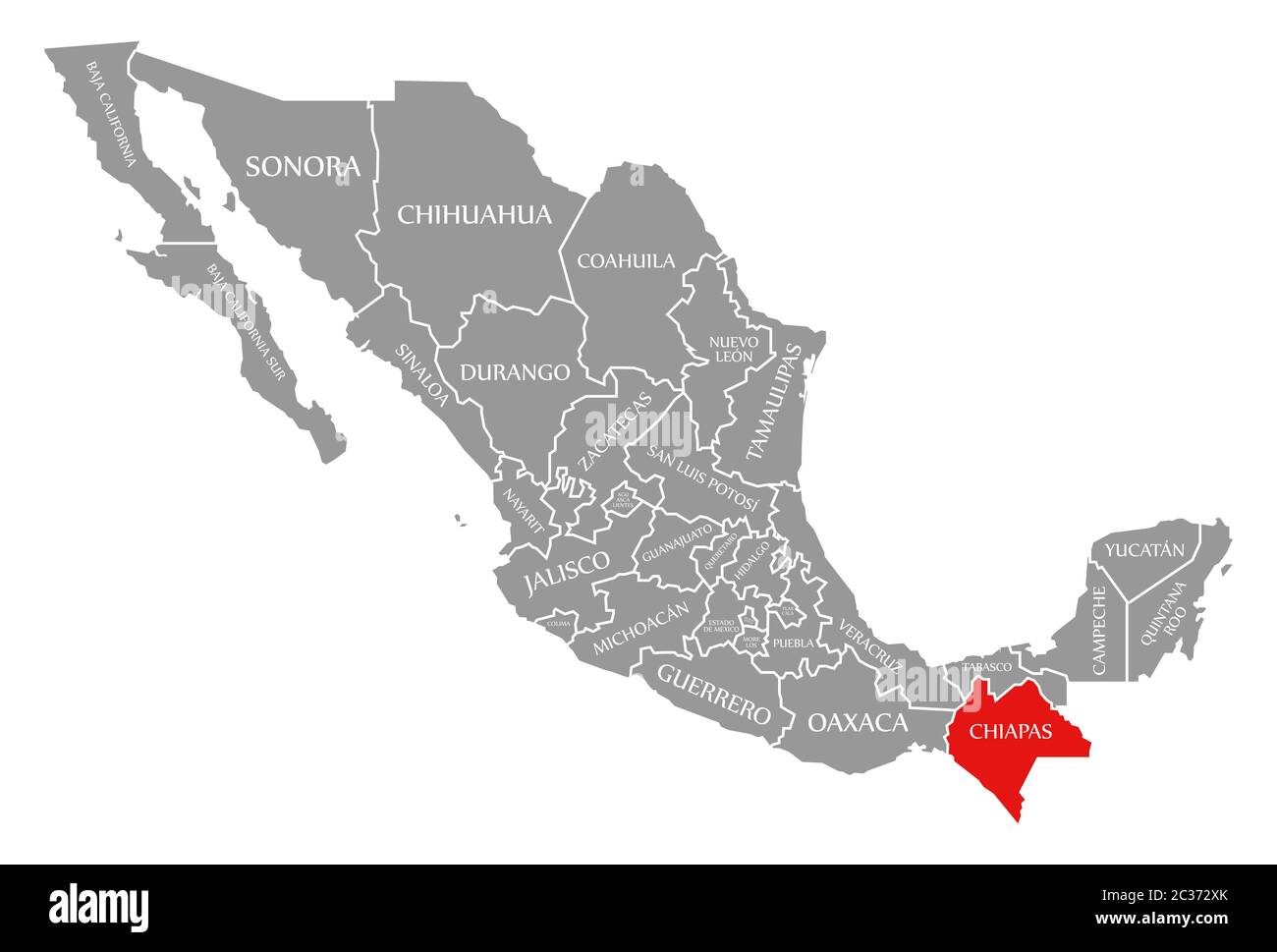 Chiapas red highlighted in map of Mexico Stock Photo - Alamy
