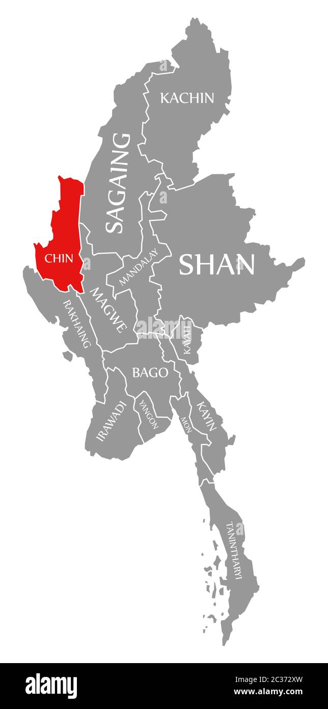 Chin red highlighted in map of Myanmar Stock Photo - Alamy