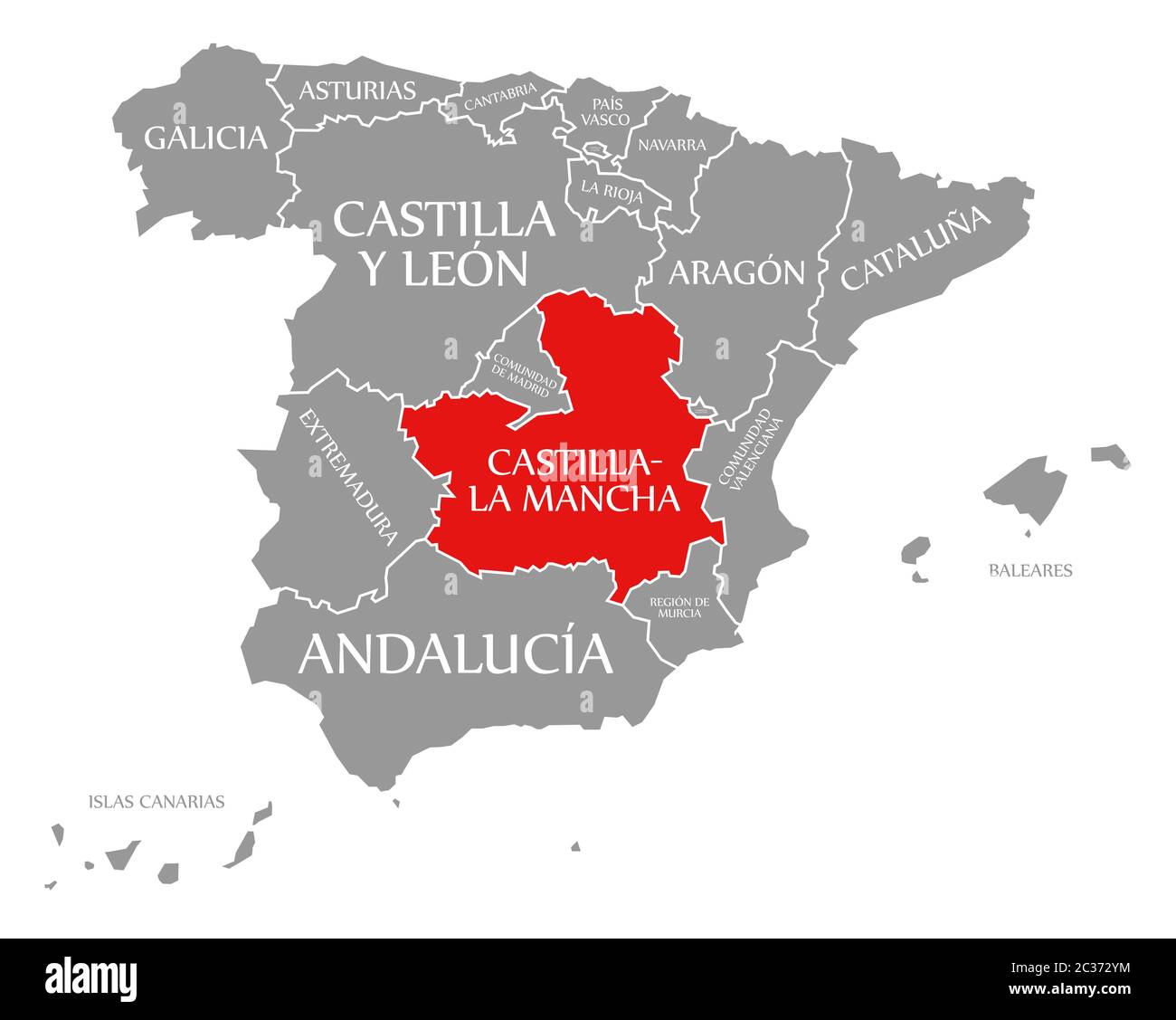 Castilla-La Mancha red highlighted in map of Spain Stock Photo - Alamy