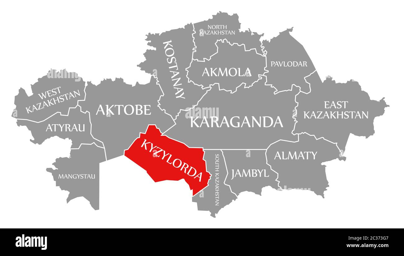 Kyzylorda red highlighted in map of Kazakhstan Stock Photo - Alamy
