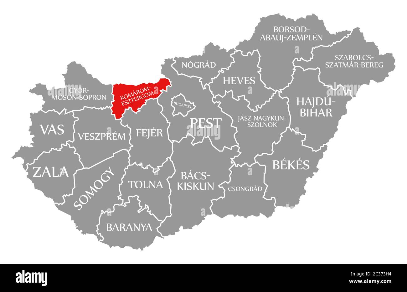 Komarom-Esztergom red highlighted in map of Hungary Stock Photo - Alamy