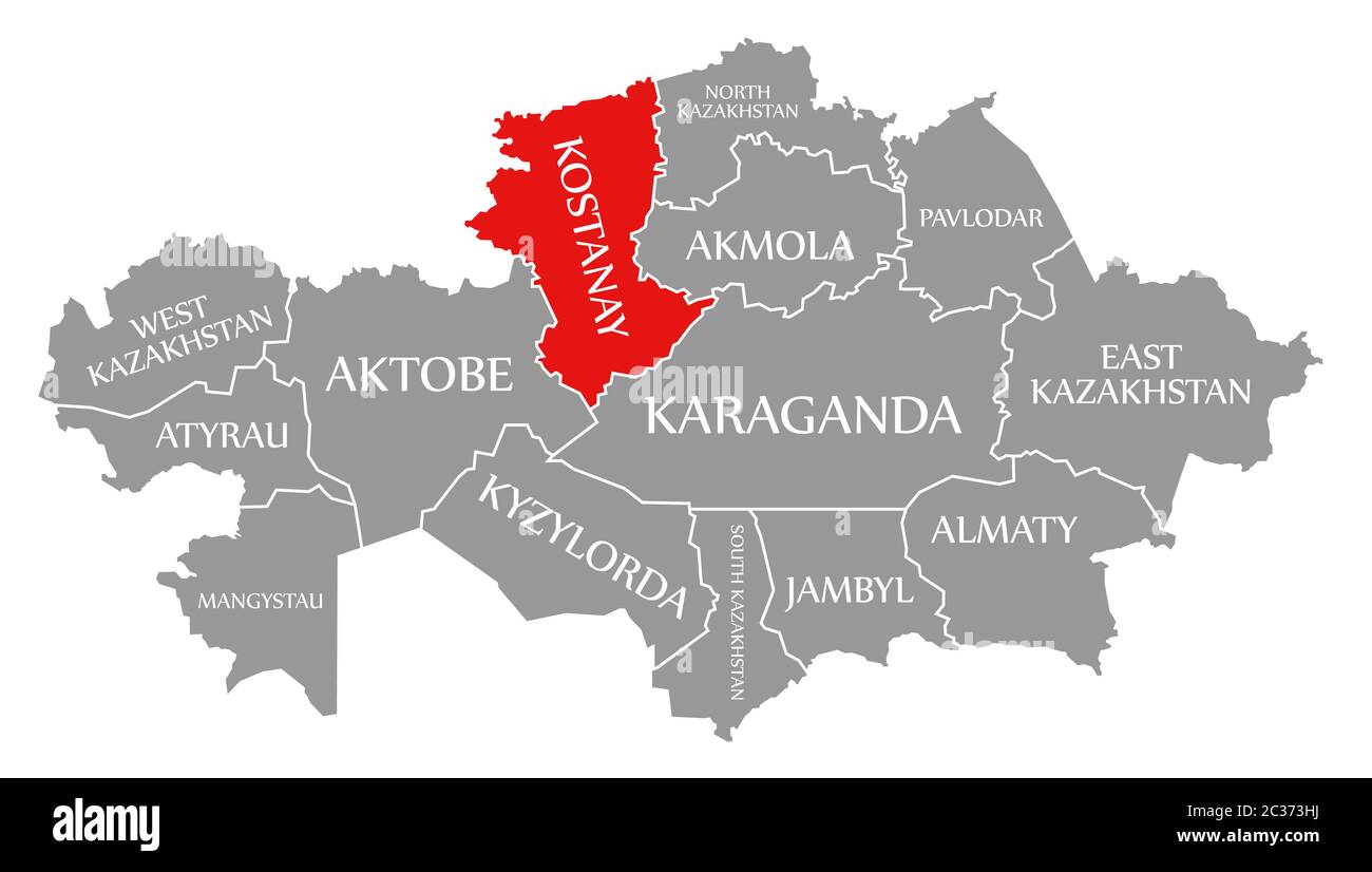 Kostanay red highlighted in map of Kazakhstan Stock Photo - Alamy
