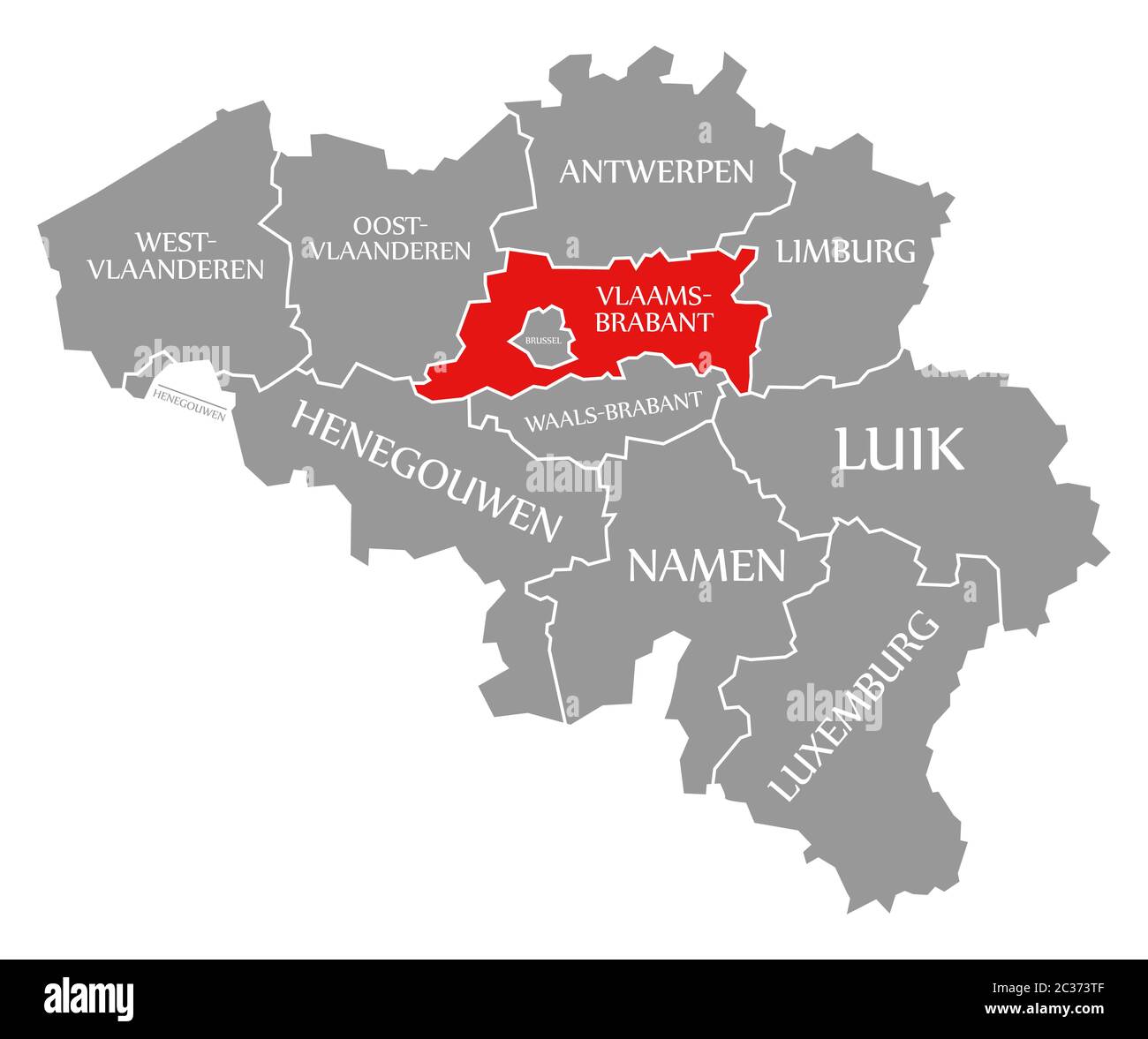 Flemish Brabant red highlighted in map of Belgium Stock Photo - Alamy