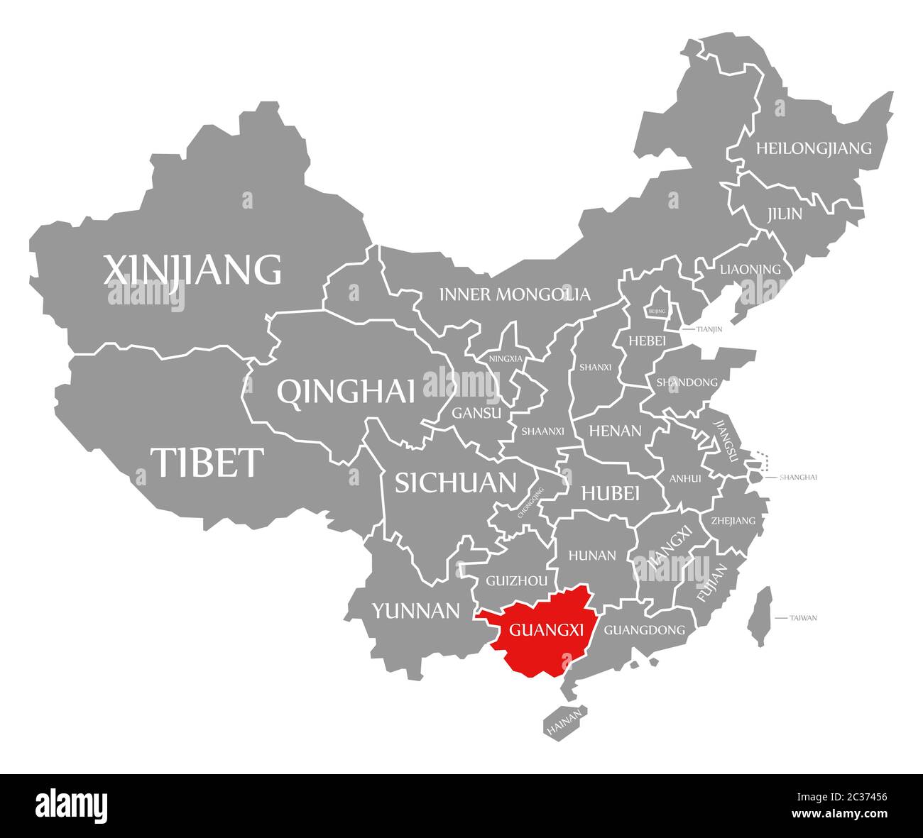 Guangxi red highlighted in map of China Stock Photo - Alamy