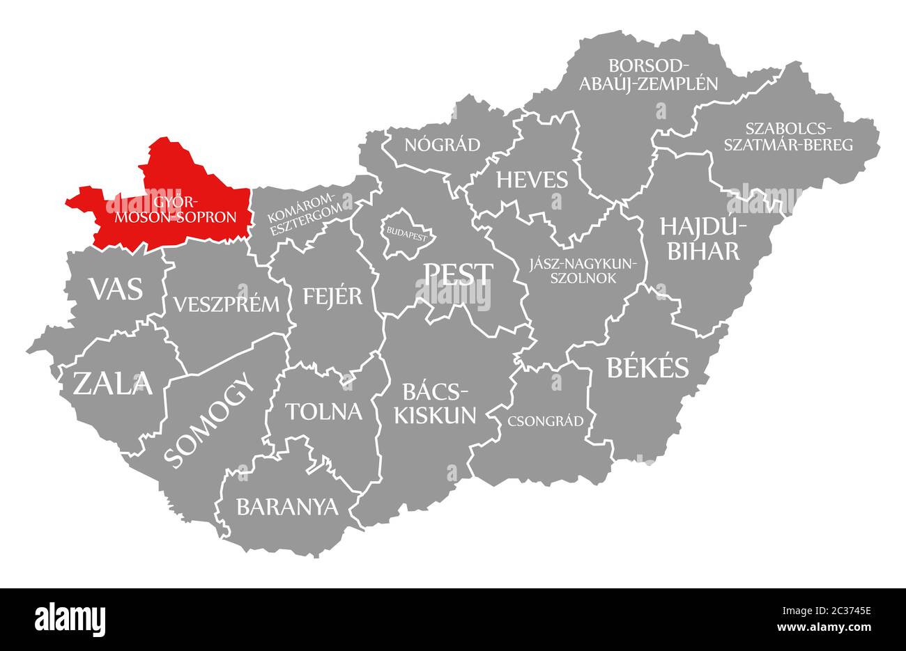Gyor-Moson-Sopron red highlighted in map of Hungary Stock Photo - Alamy