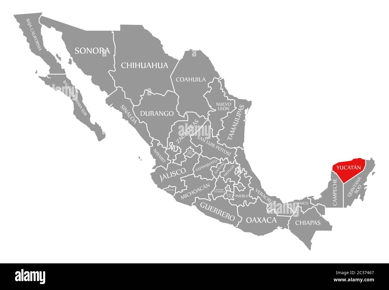 Yucatan red highlighted in map of Mexico Stock Photo - Alamy