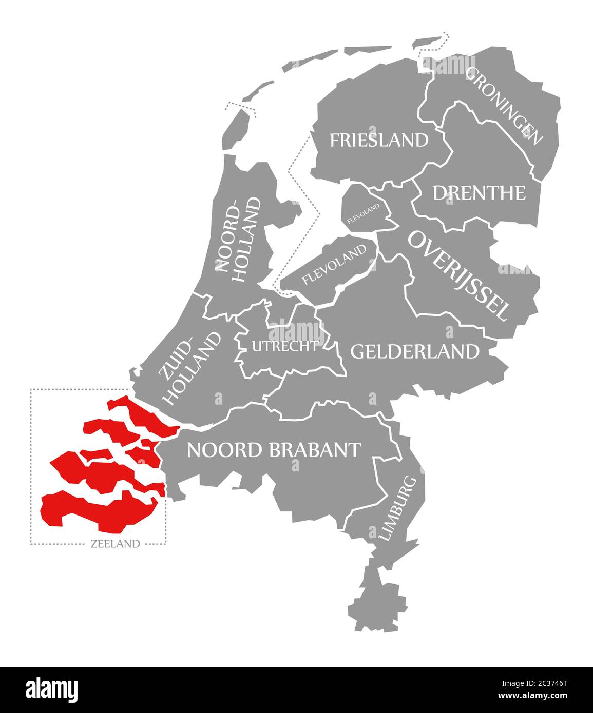 Zeeland red highlighted in map of Netherlands Stock Photo - Alamy