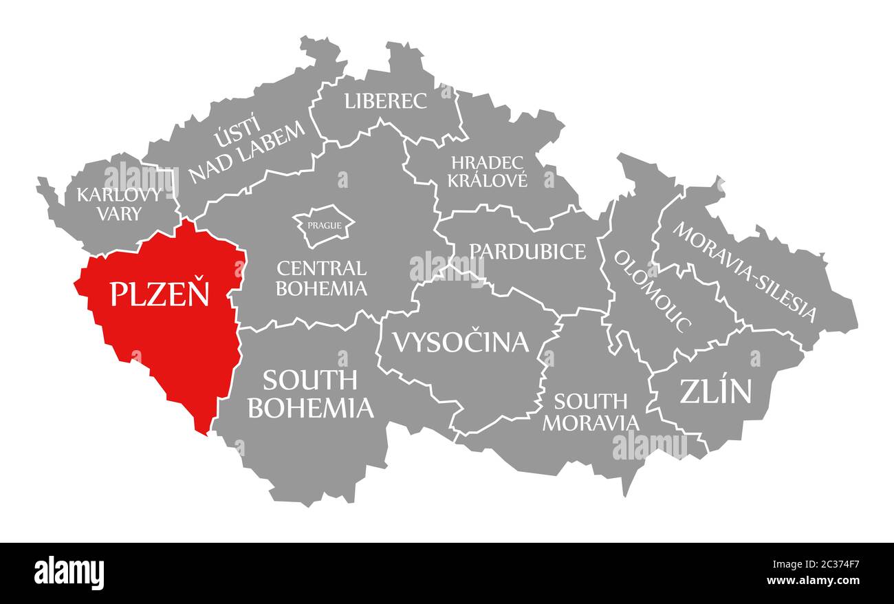 Plzen red highlighted in map of Czech Republic Stock Photo - Alamy