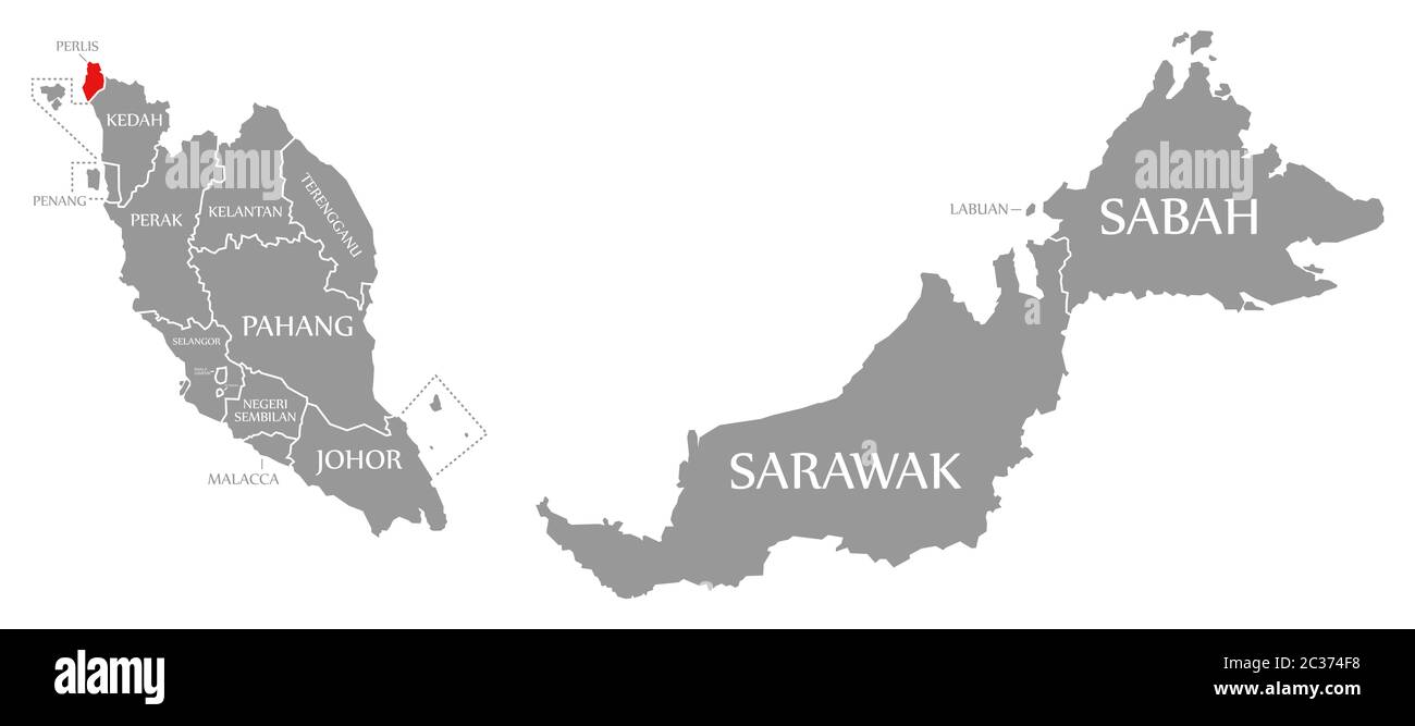 Perlis red highlighted in map of Malaysia Stock Photo - Alamy