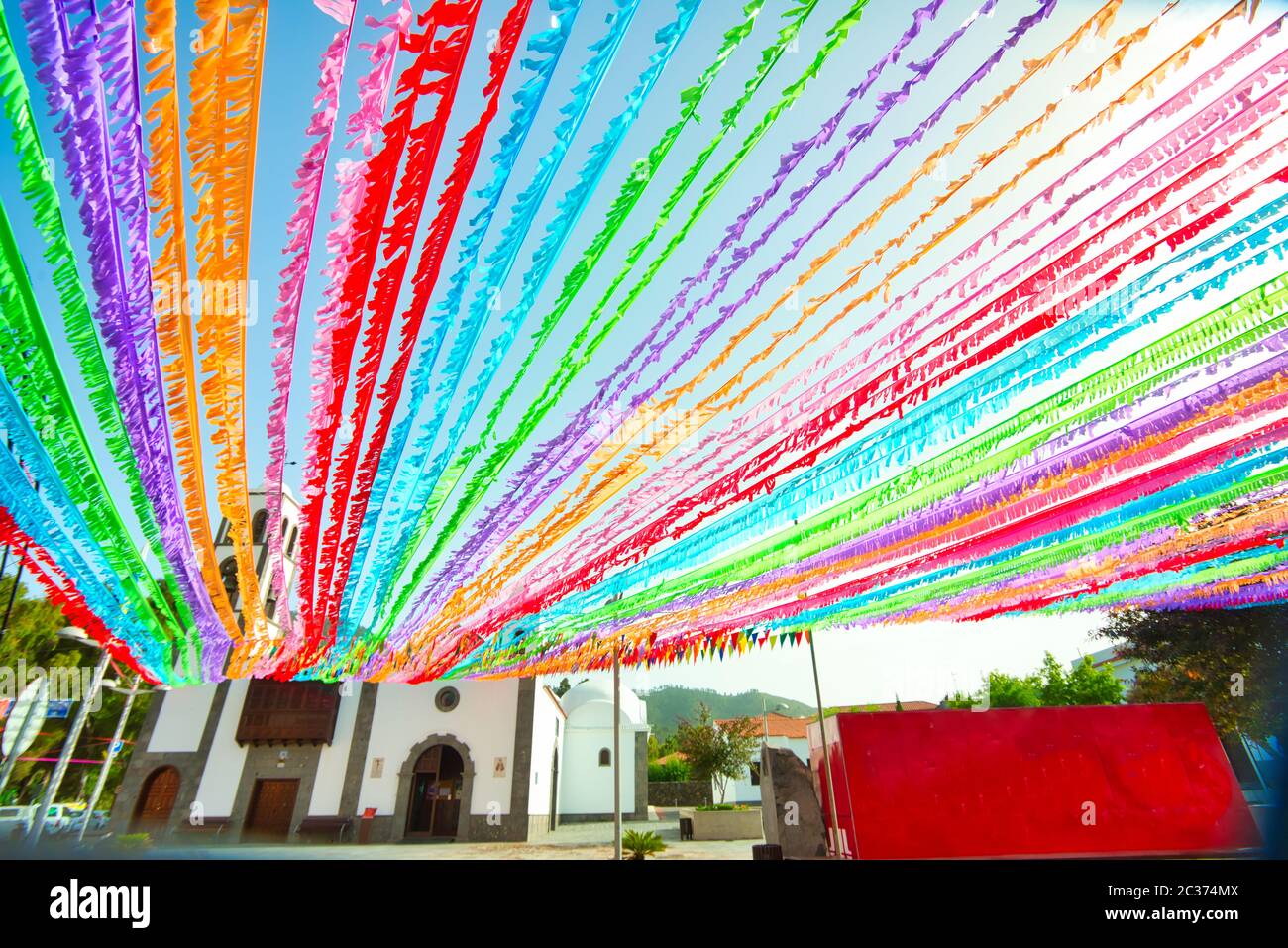 colored flags decorating for christian holiday catholic church Stock ...