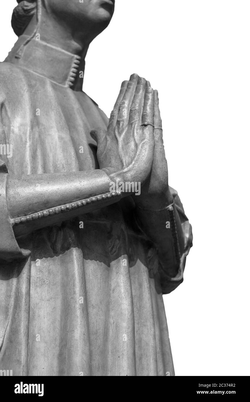 Praying hands with faith in religion and belief in God on white ...