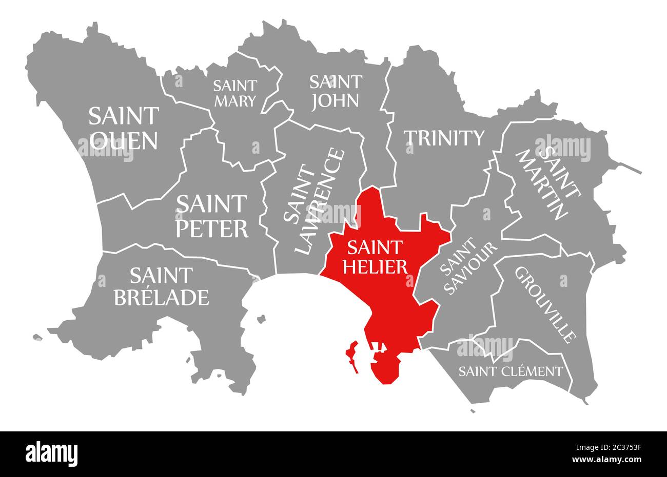 Saint Helier red highlighted in map of Jersey Stock Photo - Alamy