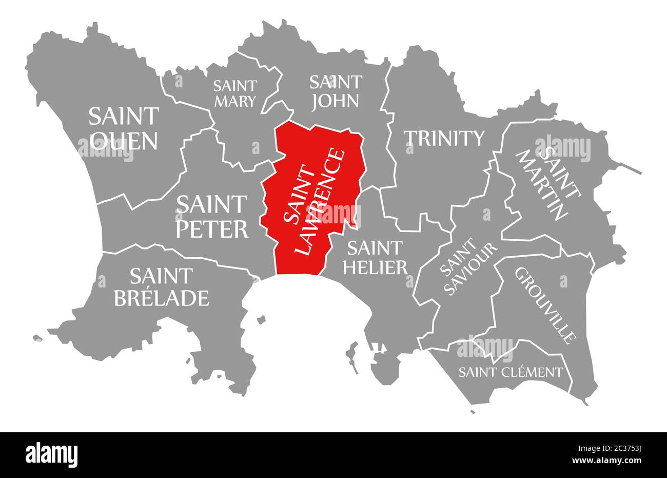 Saint Lawrence red highlighted in map of Jersey Stock Photo - Alamy