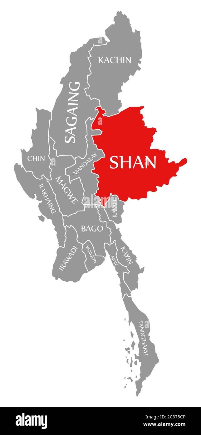 Shan red highlighted in map of Myanmar Stock Photo - Alamy