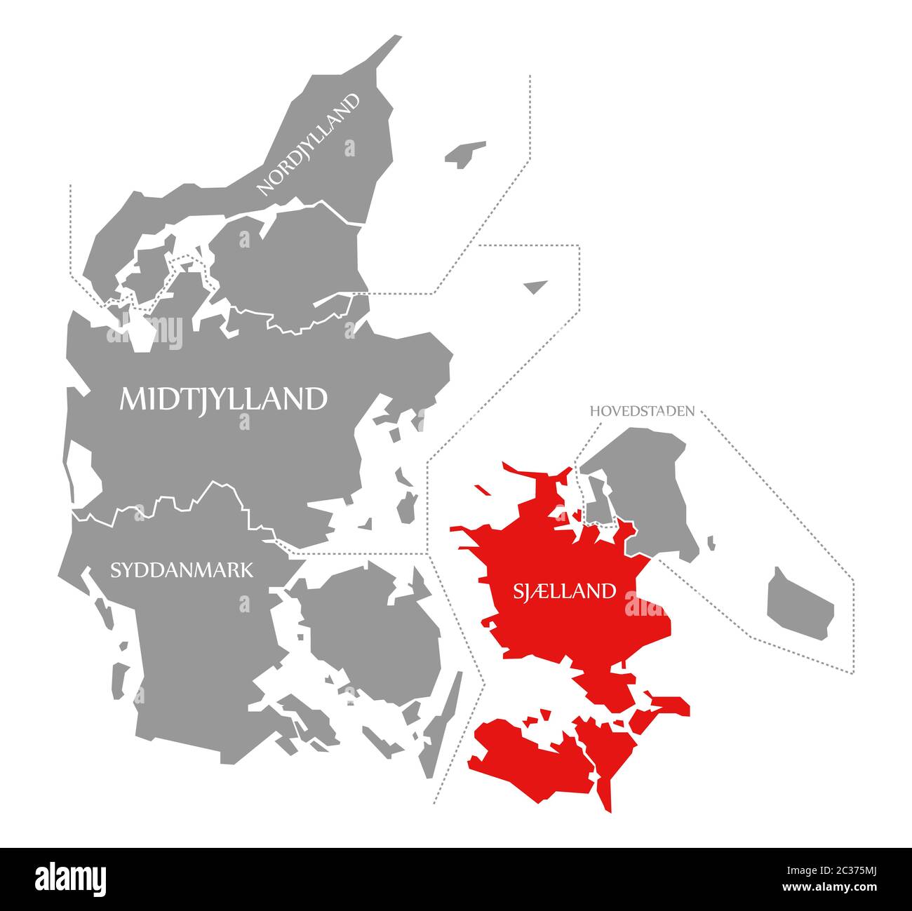 Sjælland red highlighted in map of Denmark Stock Photo - Alamy