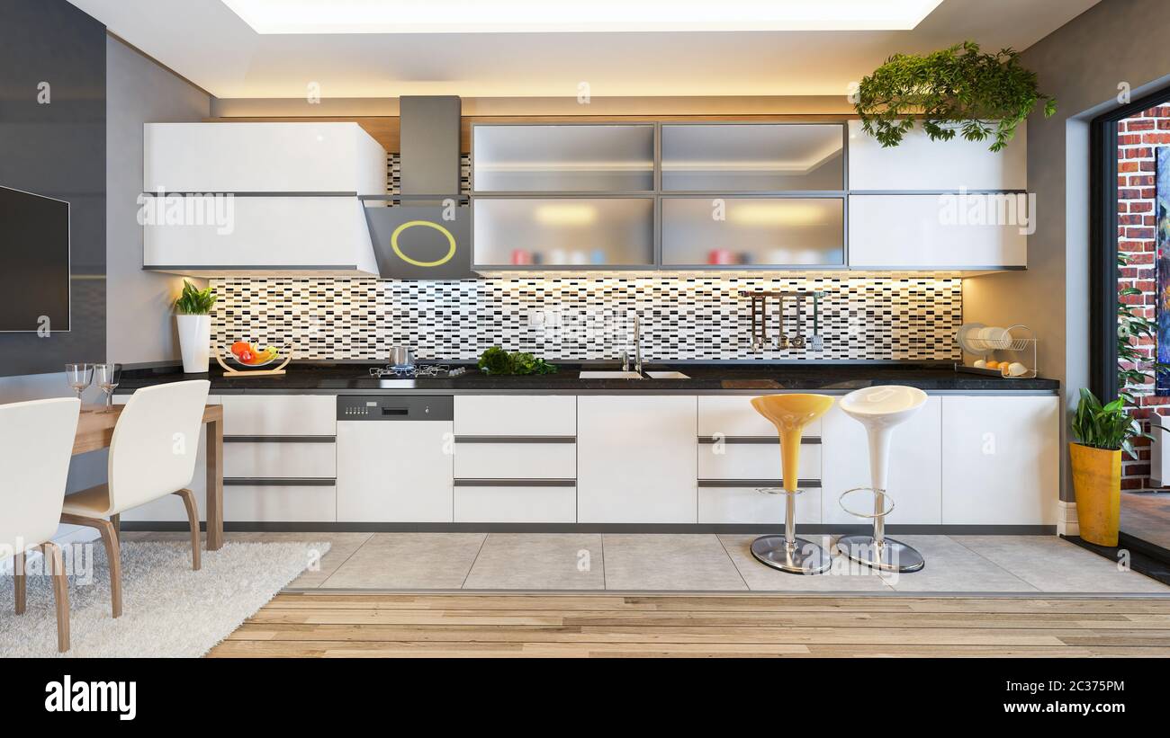 kitchen design white ceramic with fresh fruit and kitchen machines 3D ...