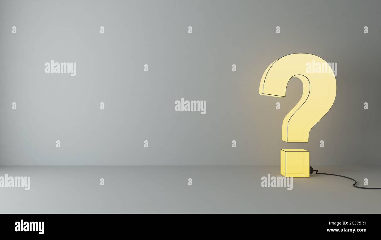 illuminated questions marks 3d render in the empty room with wall and ...
