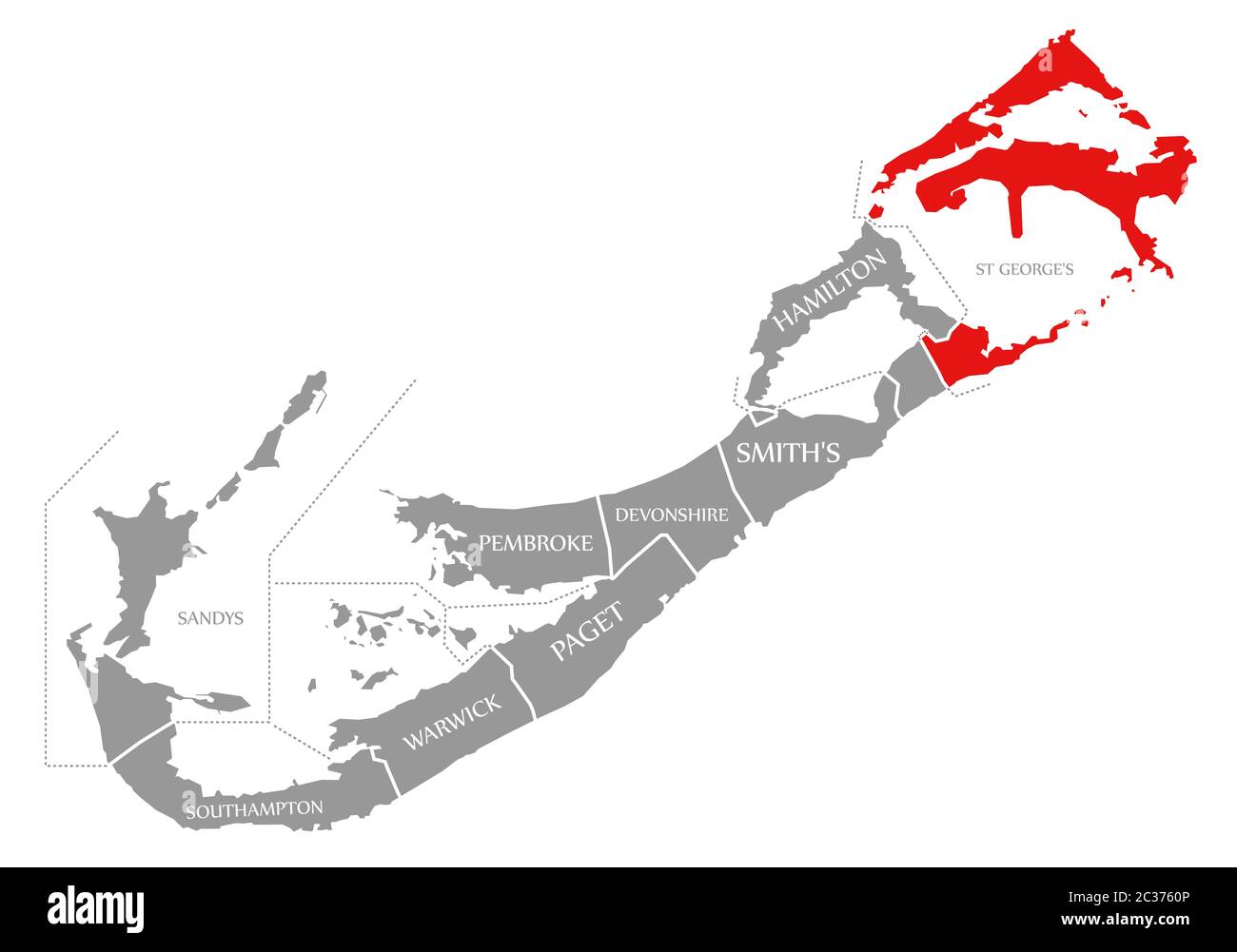 St Georges red highlighted in map of Bermuda Stock Photo - Alamy
