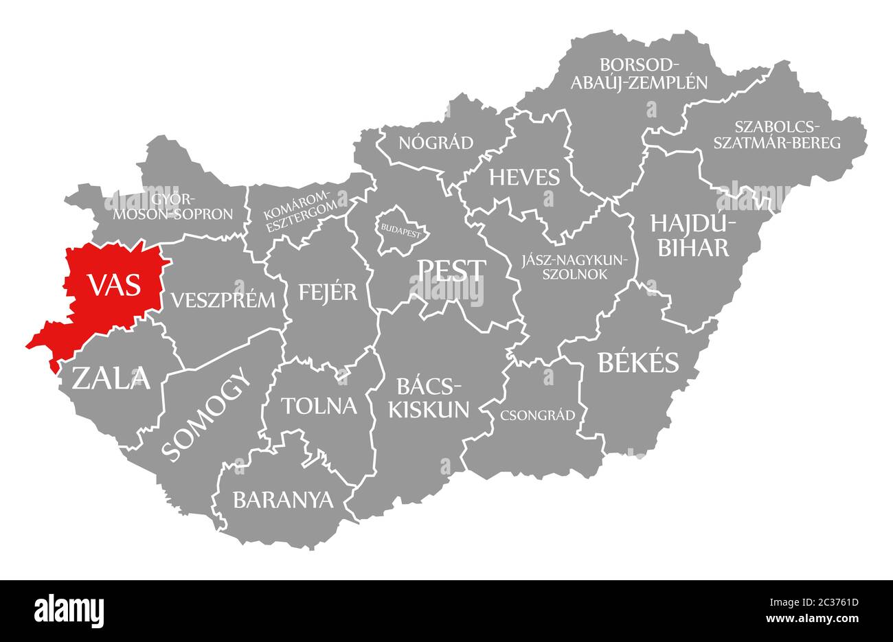 Vas red highlighted in map of Hungary Stock Photo - Alamy