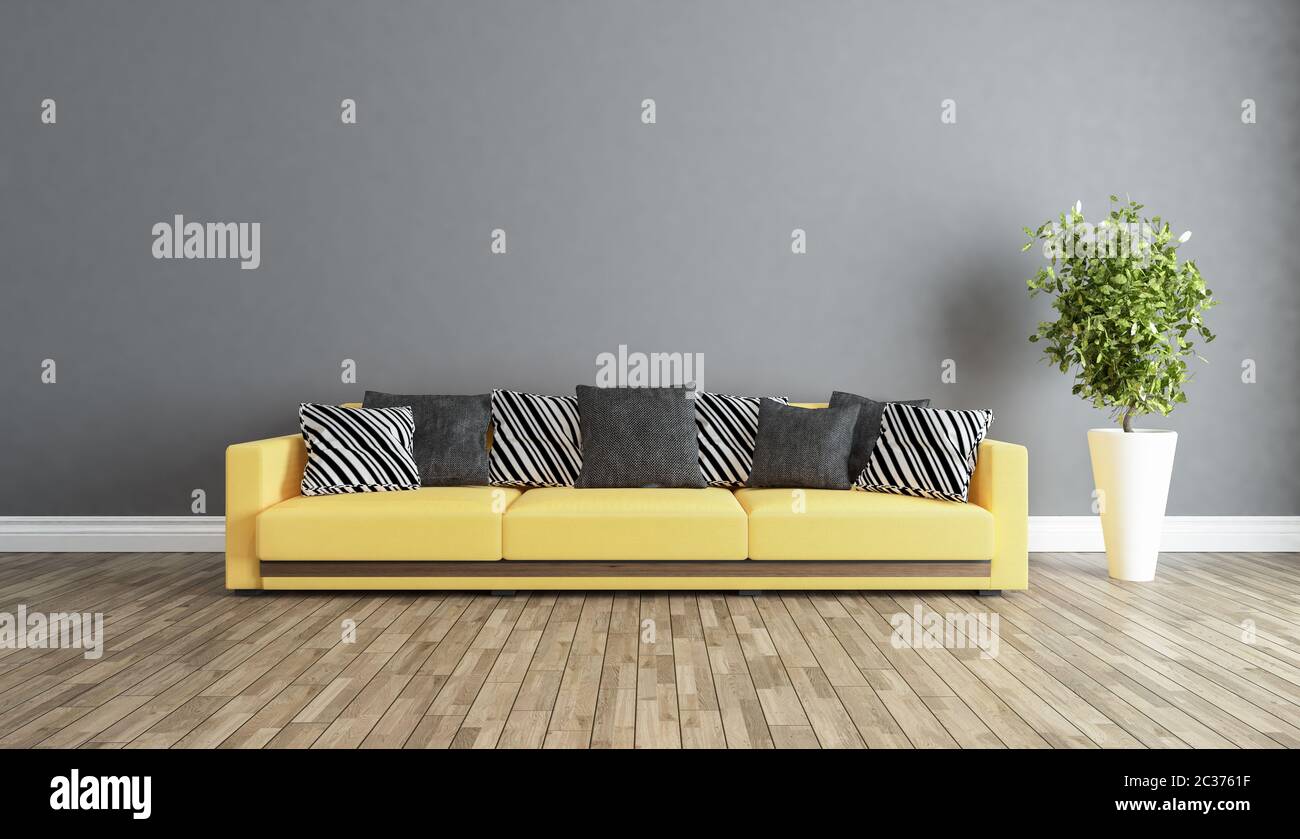 living room interior design with grey wall 3d rendering Stock Photo - Alamy