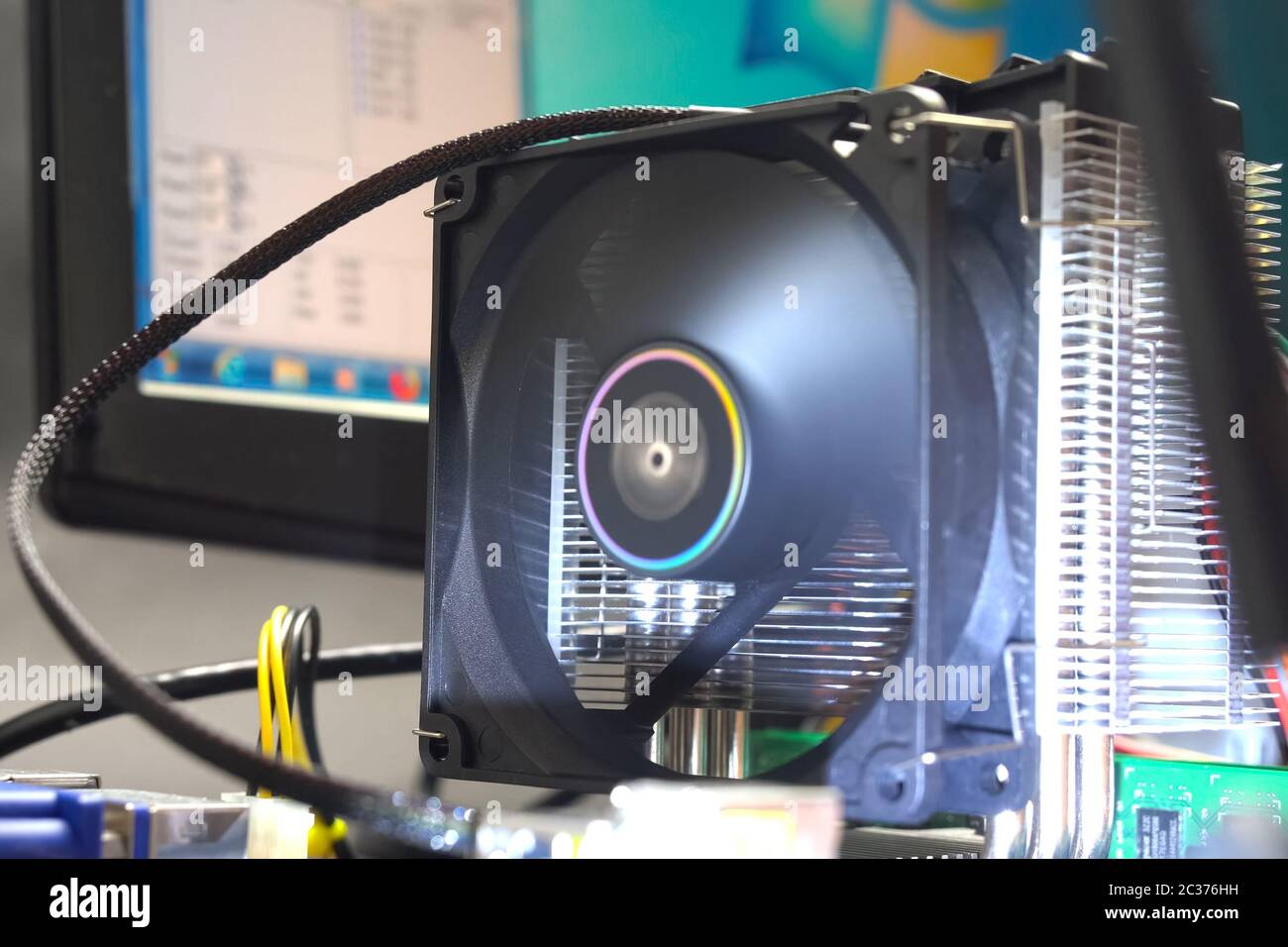 CPU cooling system. Cooler with a radiator on the motherboard Stock ...