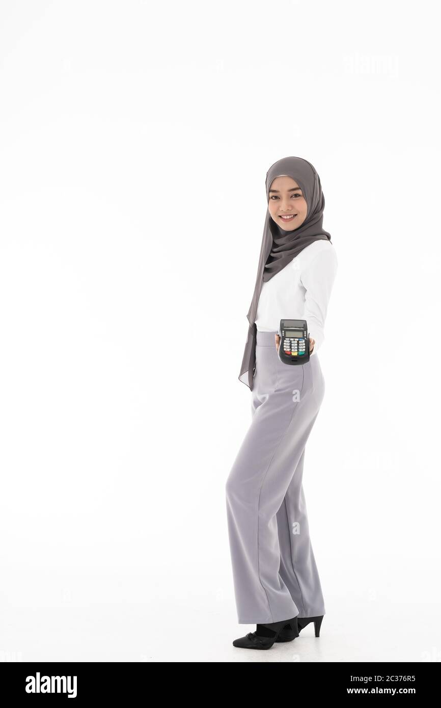Full body portrait of Confident happy smiling female muslim woman with ...