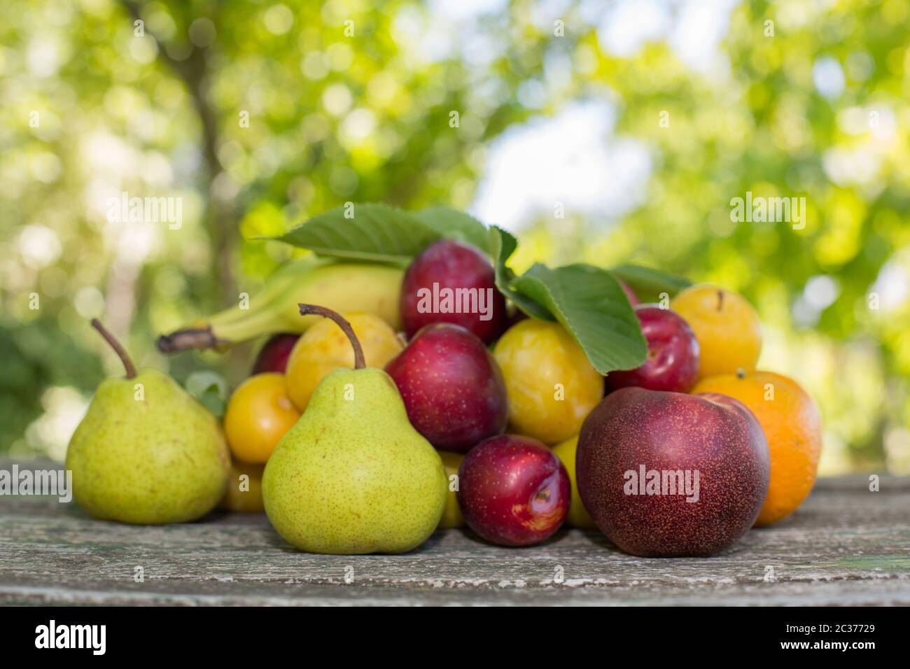 fruits in wooden table, outdoor Stock Photo - Alamy