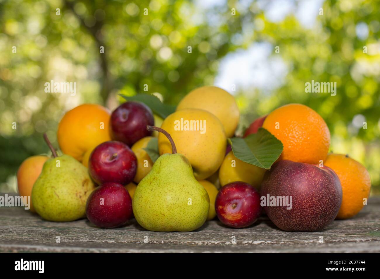 fruits in wooden table, outdoor Stock Photo - Alamy