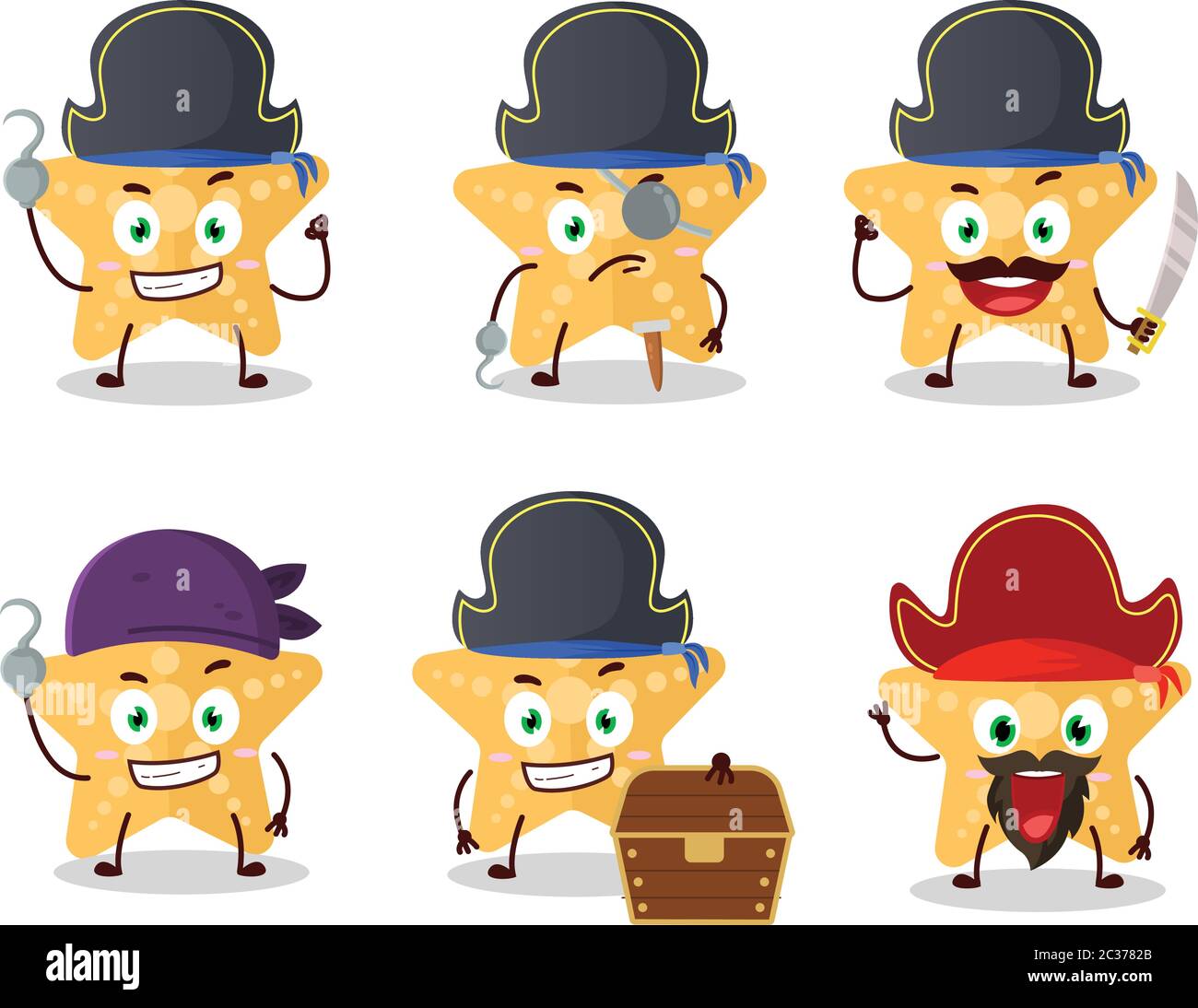 Cartoon character of yellow starfish with various pirates emoticons ...