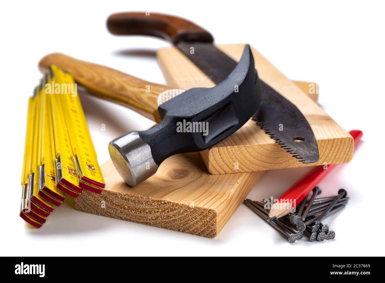 Close-up of hammer and carpenter's tools on a white background ...