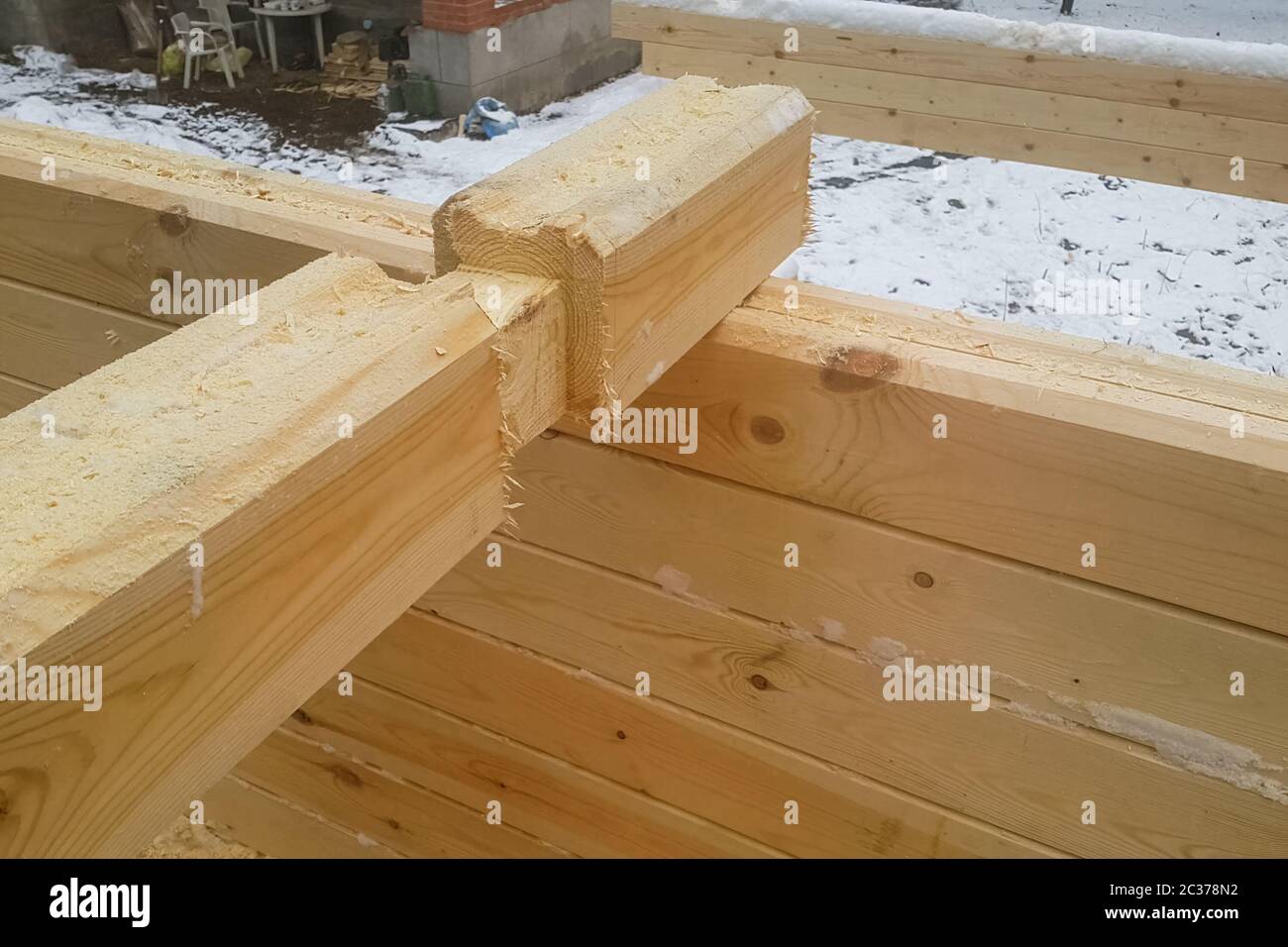 Details and elements of a wooden house made of timber. The construction ...