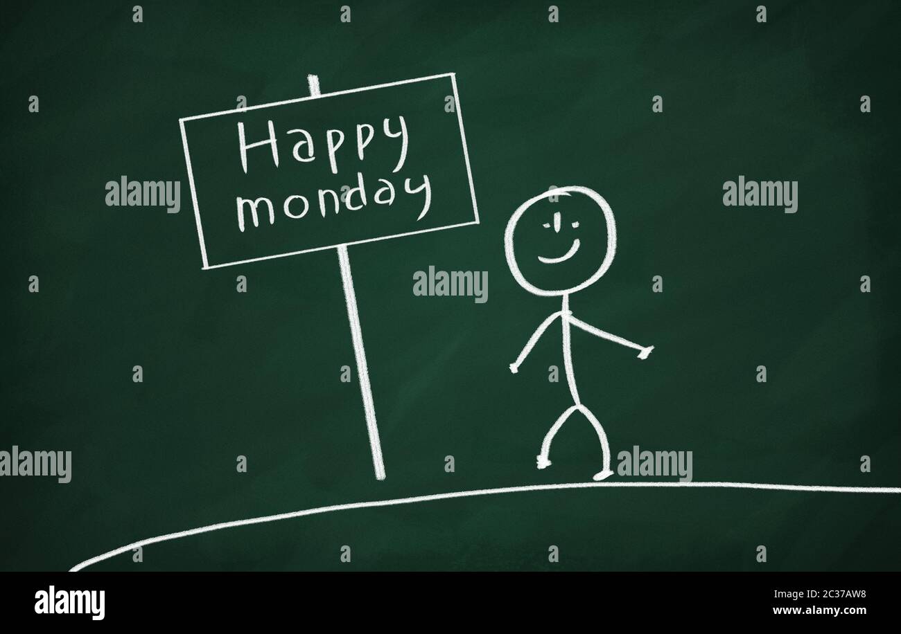 On the blackboard draw character who show sign with text Happy monday ...