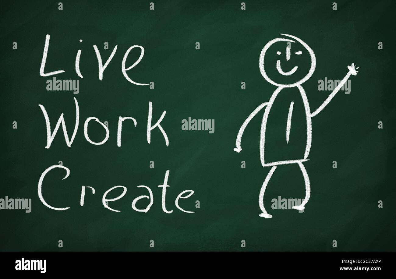 On the blackboard draw character and write Live, Work, Create Stock ...