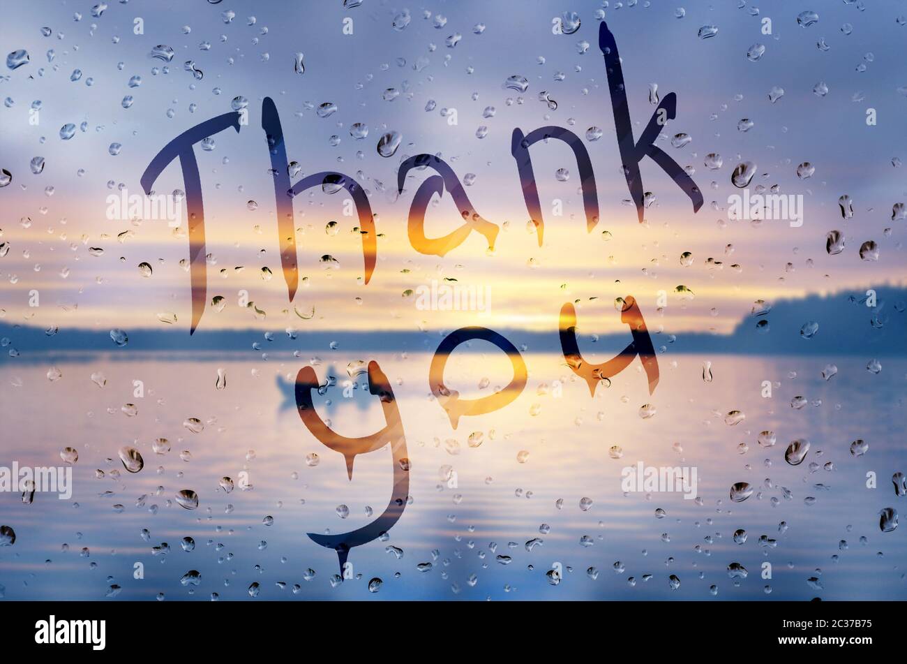 Rain on glass with Thank you text Stock Photo - Alamy