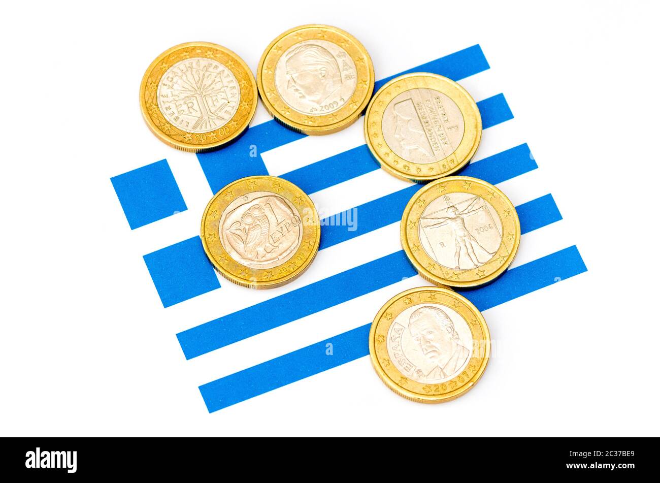 Euro coins placed on paper sheet with printed Greece flag Stock Photo ...