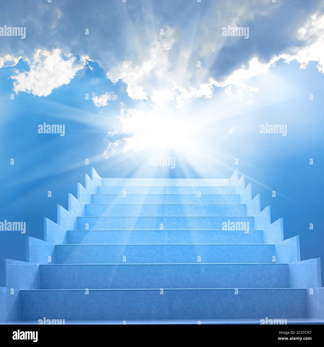 Stairs in sky. Concept with staircase, sun, white clouds and blue ...