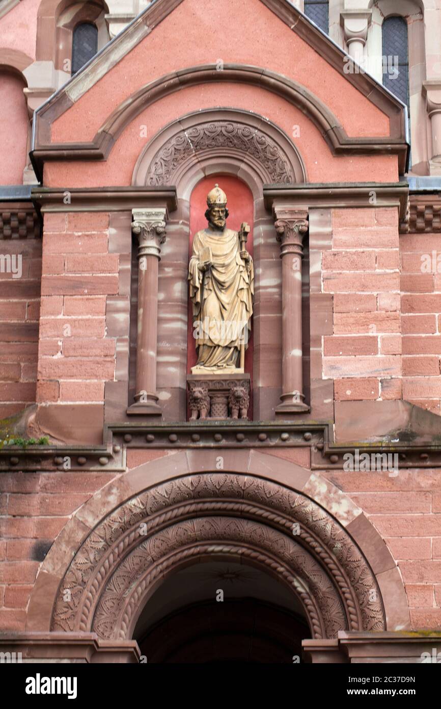 Church of Eguisheim village along the famous wine route in Alsace ...