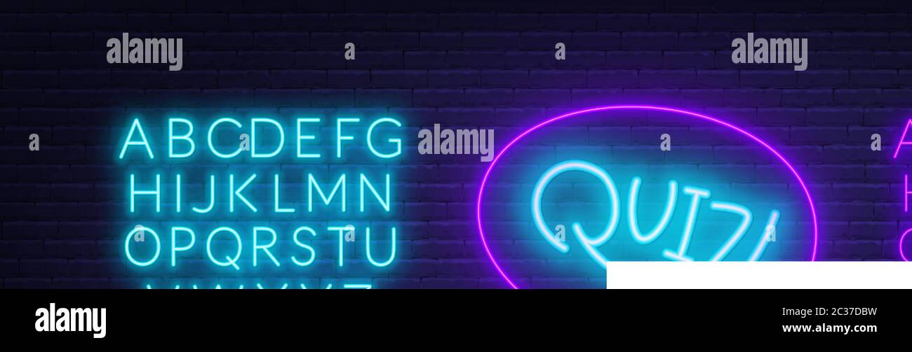 Neon quiz sign in speech bubble on brick wall background. Neon fonts ...