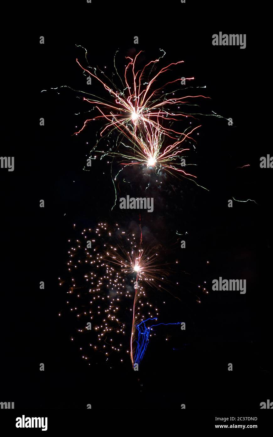 Blue colorful fireworks on the black sky background. Holiday ...