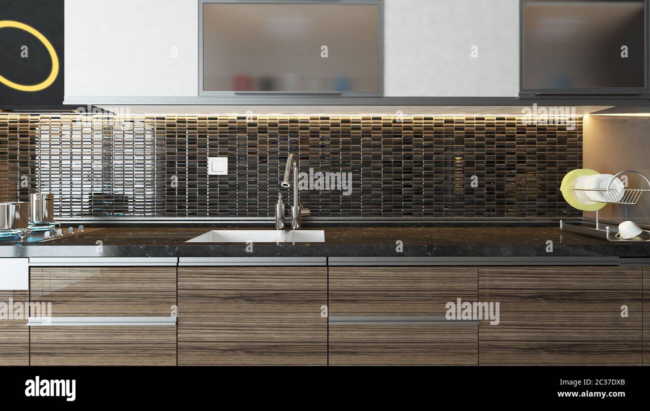 modern kitchen design interior background for your product Stock Photo ...