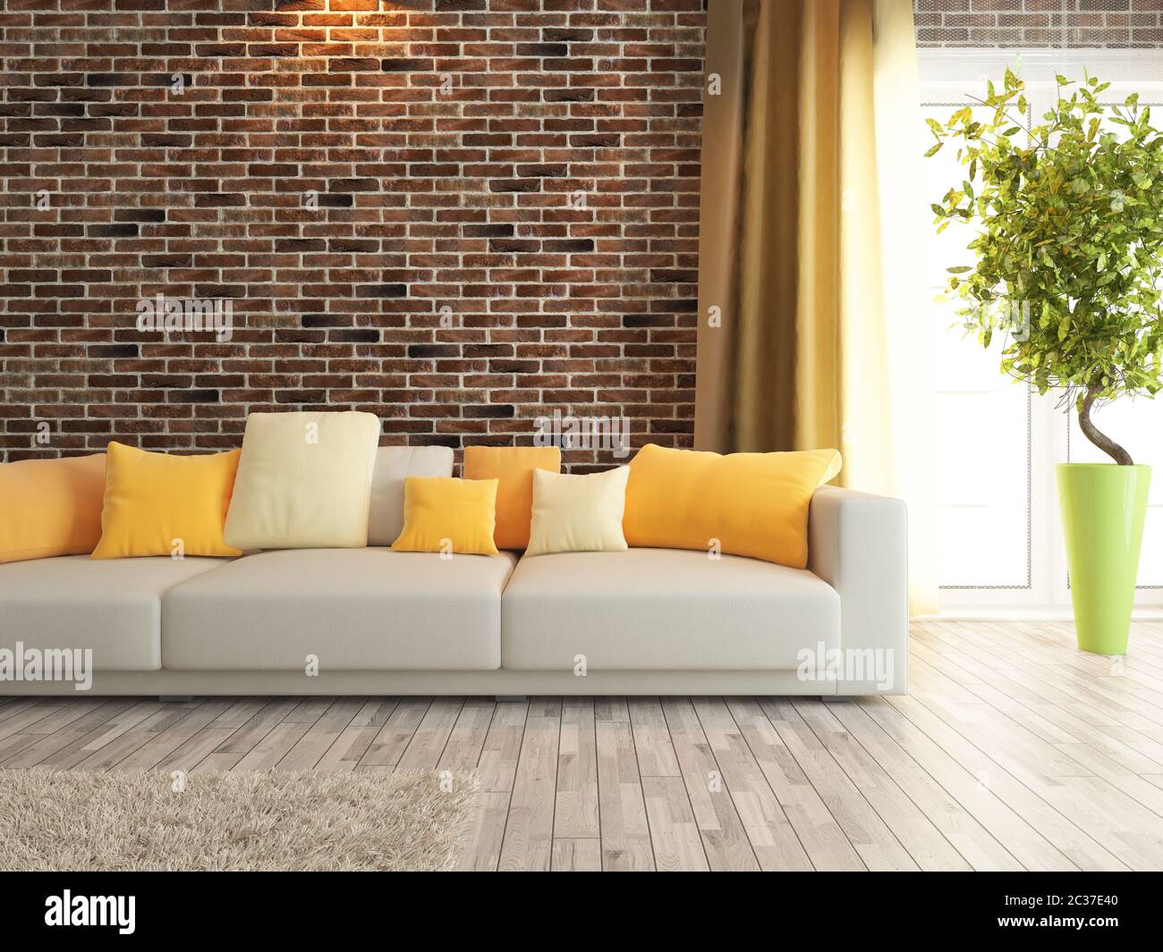 modern sofa with red brick wall interior design rendering Stock Photo ...