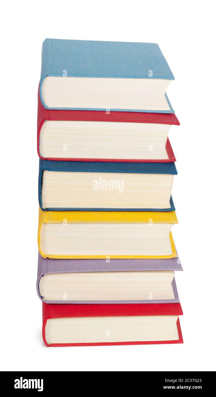 A stack of books with colorful covers isolated on white background ...