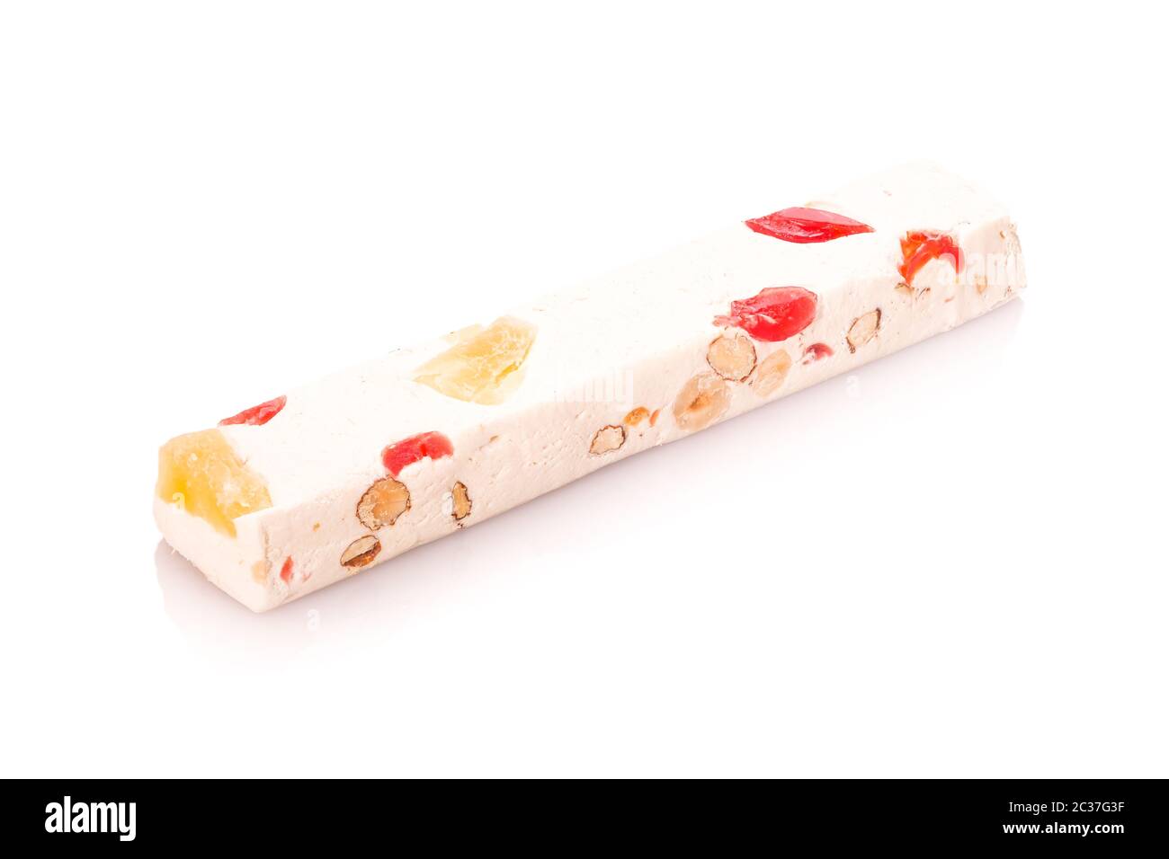 Piece white nougat with candid fruits and nuts white isolated Stock ...