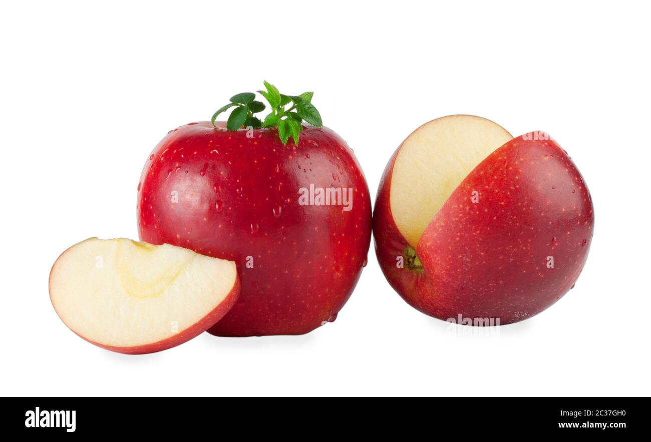 Bright red apple with a slice isolated on white background Stock Photo ...