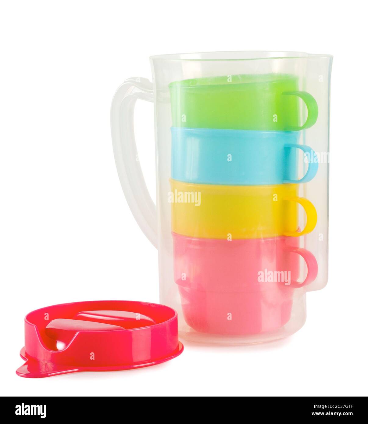 Four colorful cups with pitcher isolated on white background Stock ...