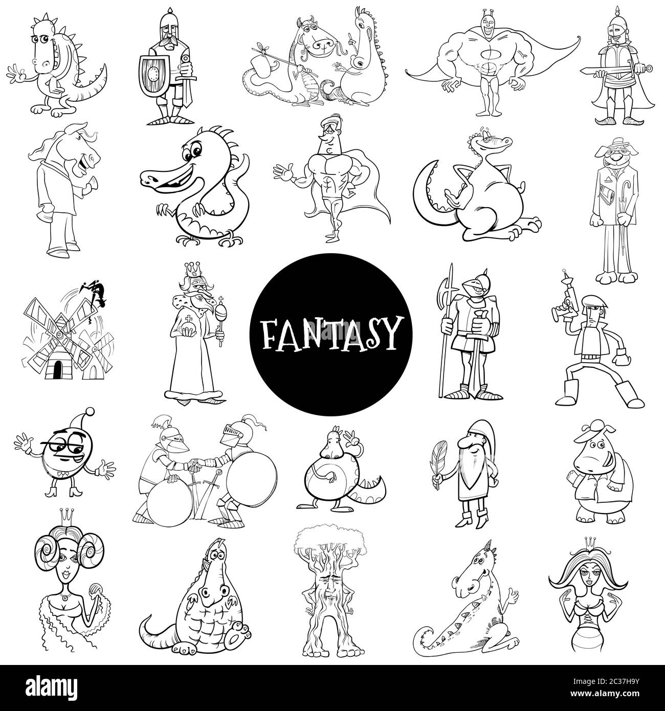 Fantasy illustration dragon dwarf princess Black and White Stock Photos ...