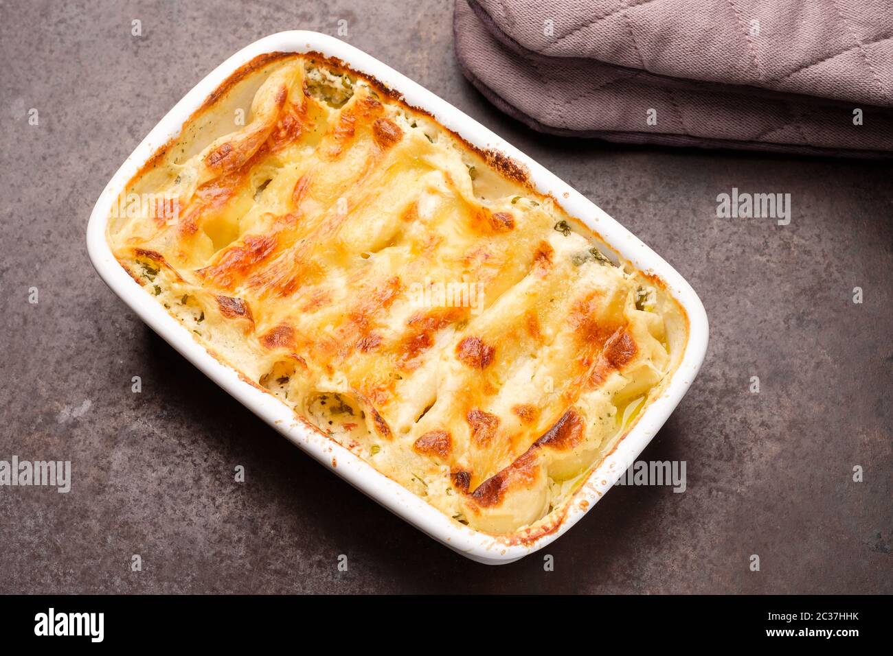 Filled Cannelloni gratinated with farmers goat cheese in top view Stock ...