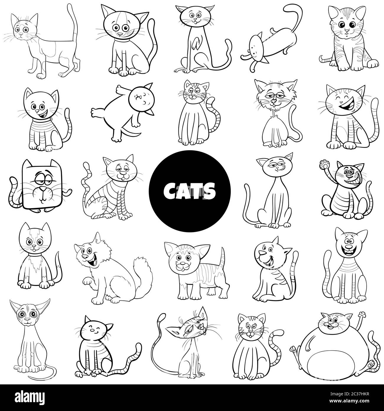 cartoon cat characters large set color book page Stock Photo - Alamy